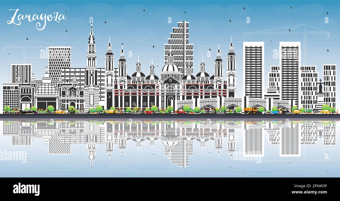 Zaragoza Spain City Skyline with Color Buildings, Blue Sky and ...