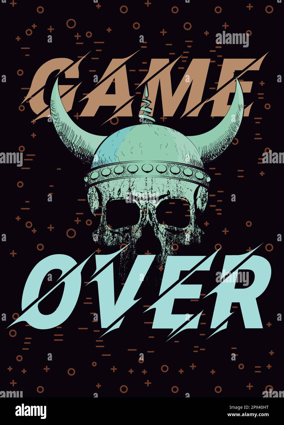 Game over. Vector illustration of a viking skull next to the phrase of ...