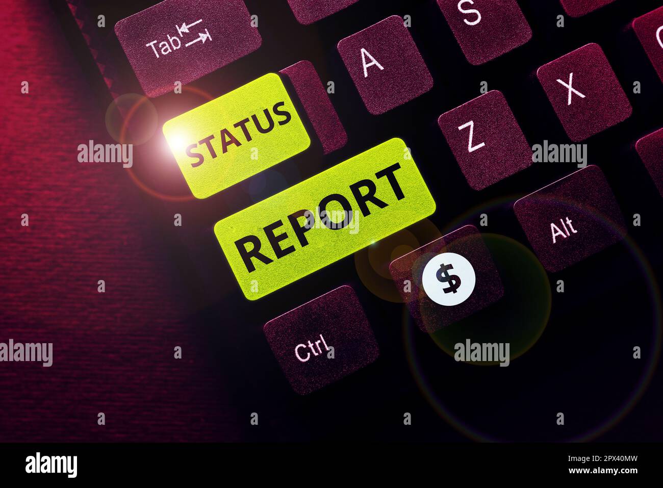 Sign displaying Status Report, Business approach Update Summary of ...