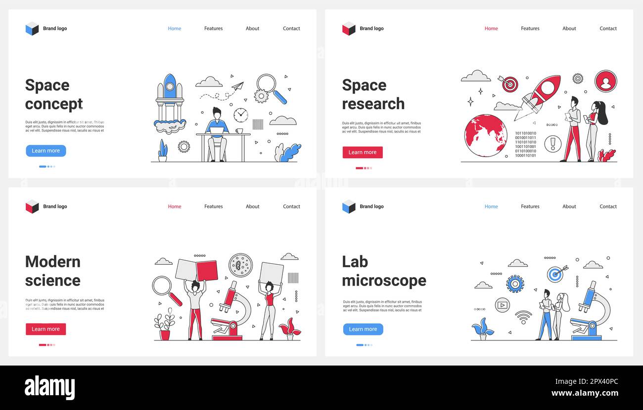 Modern science, space research set vector illustration. Cartoon tiny ...