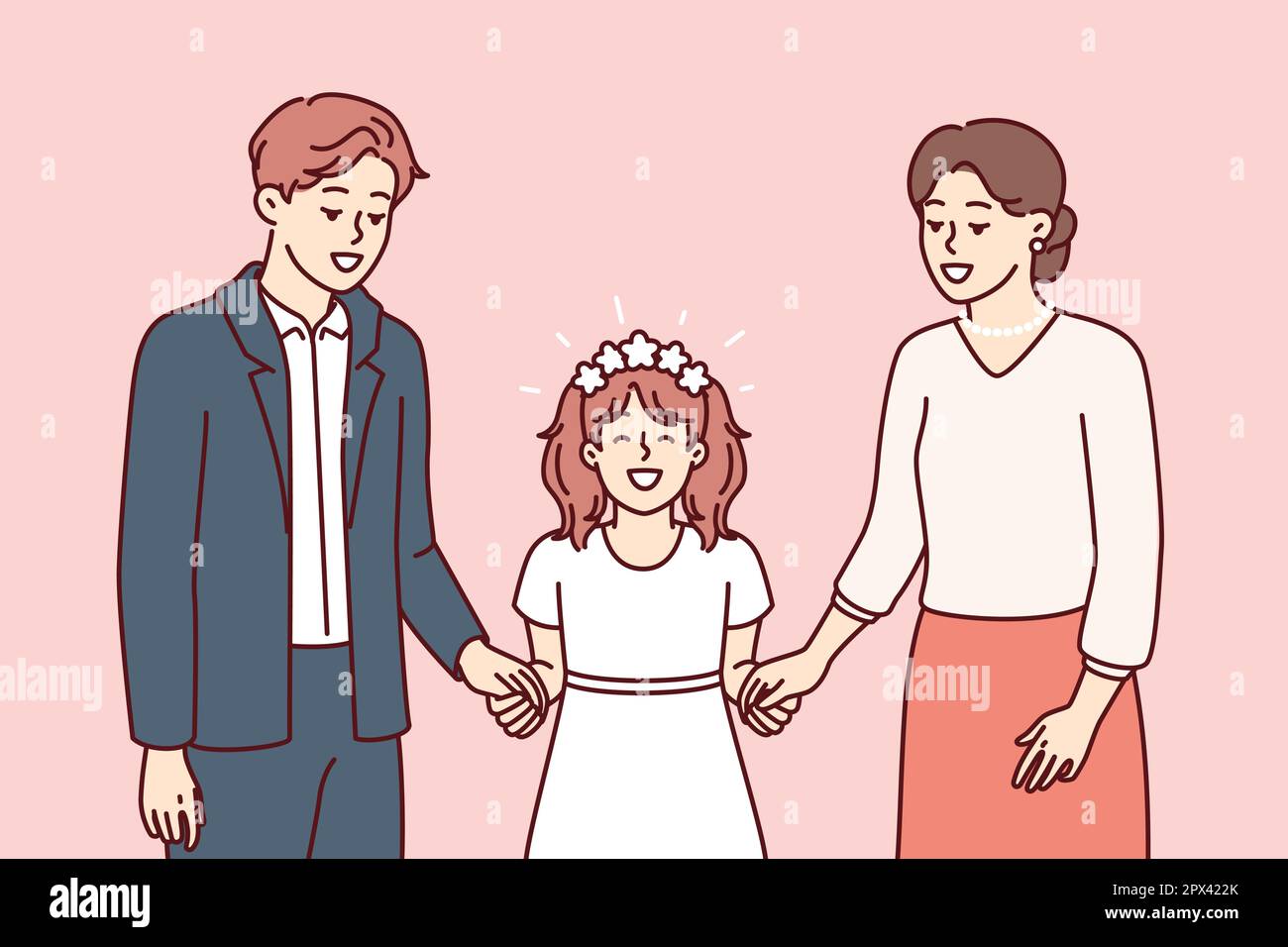 Little girl along with father and mother on day of holy communion ...