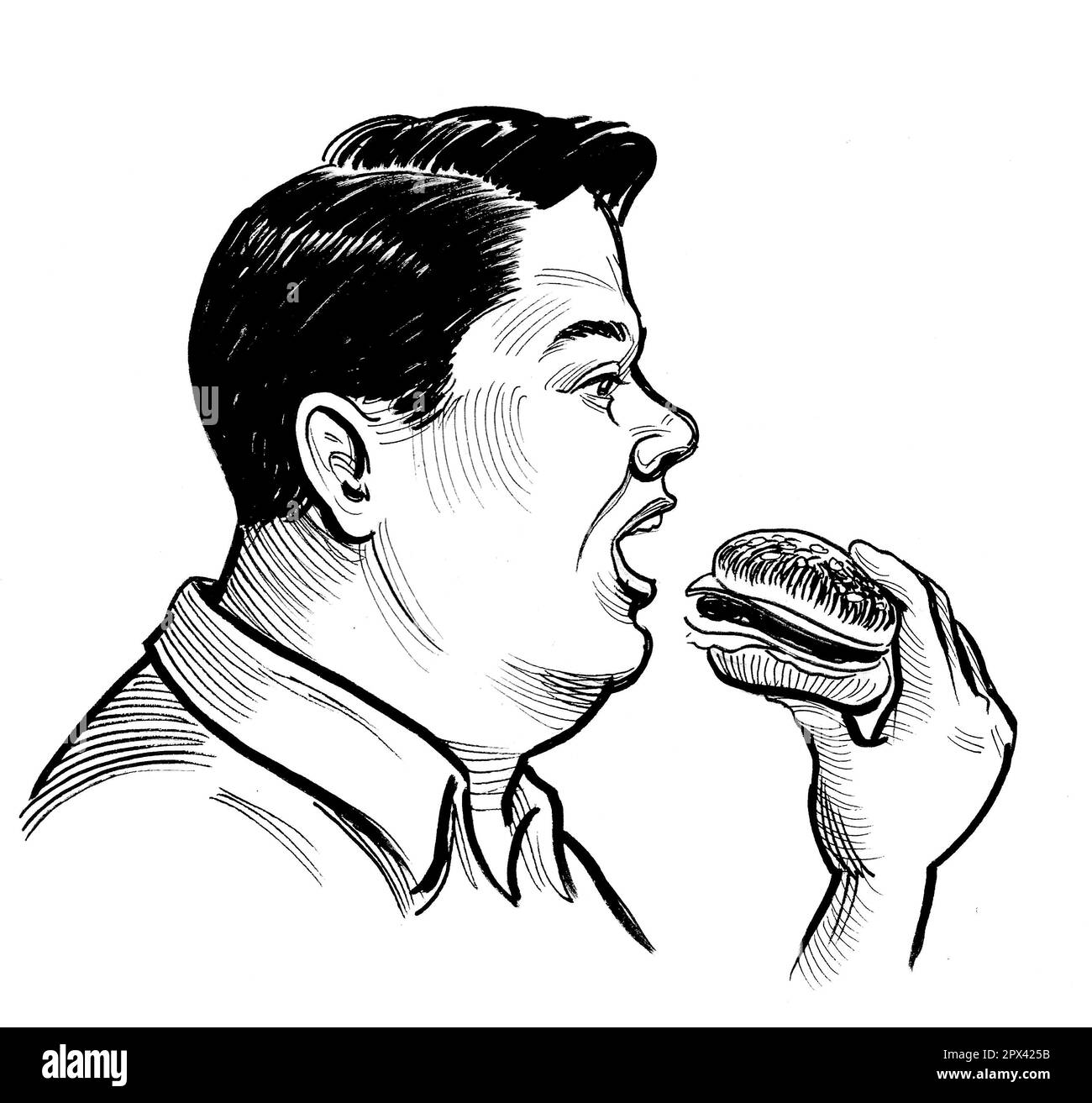Fat man eating burger. Hand-drawn ink on paper black and white ...