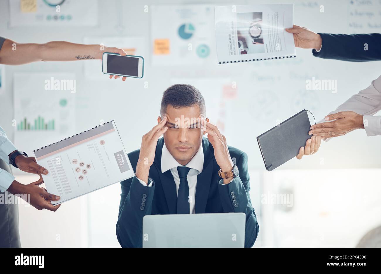 Stress, burnout and overworked with a business man suffering from a ...