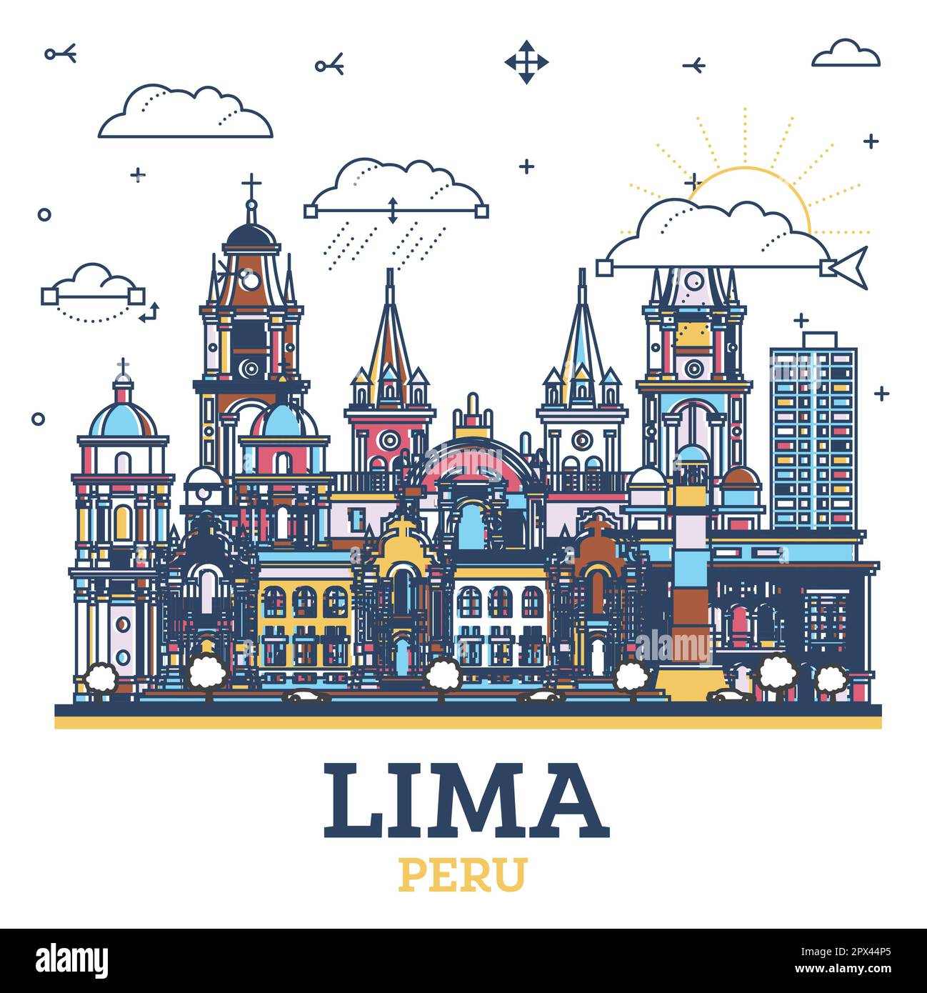 Outline Lima Peru City Skyline with Colored Historic Buildings Isolated ...