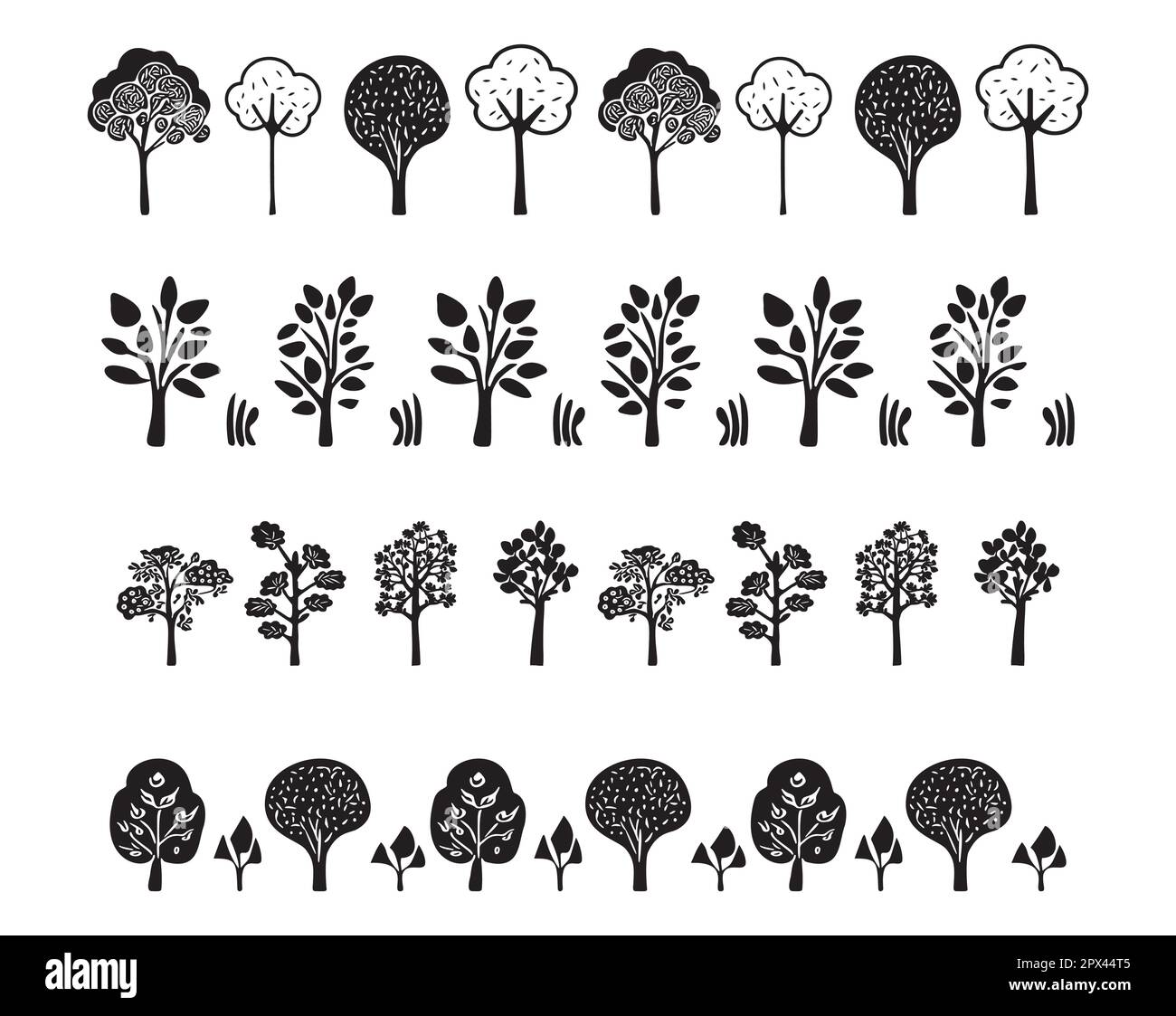 Collection of woodland tree scandi linocut vector border. Washi tape ...