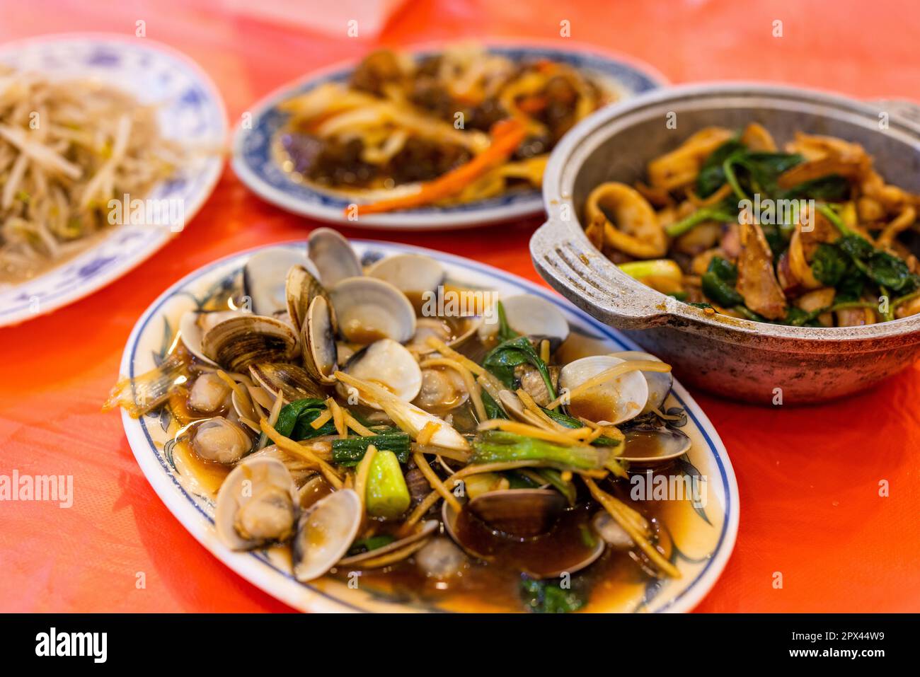 Taiwanese local cuisine with different dishes in seafood store Stock ...