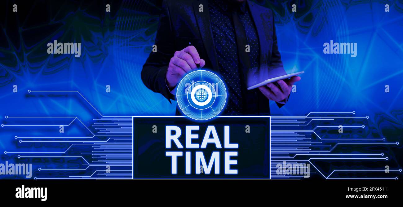 Text caption presenting Real Time, Word Written on the actual time ...