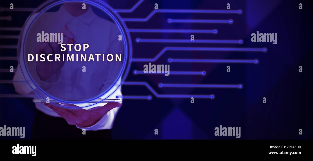 Hand writing sign Stop Discrimination, Business concept Prevent Illegal ...