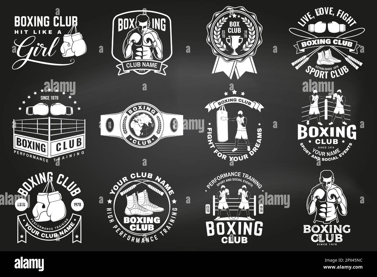 Set of Boxing club badge, logo design on chalkboard. Vector ...