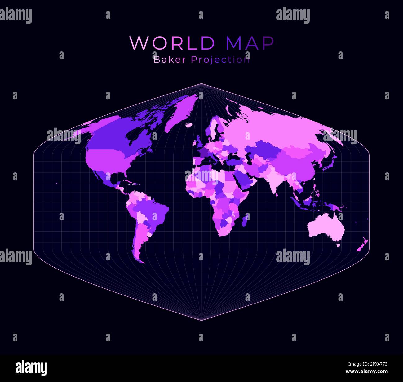 World Map. Baker Dinomic projection. Digital world illustration. Bright pink neon colors on dark ...
