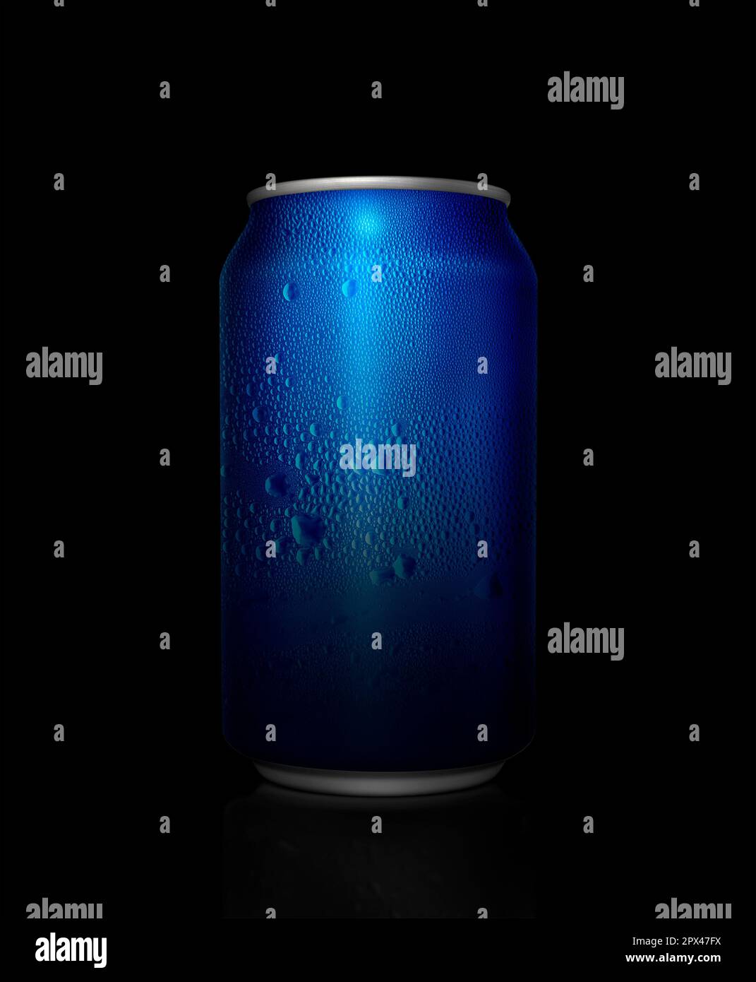 Concept of thirst and quenching thirst. Blue metal can with cola or ...