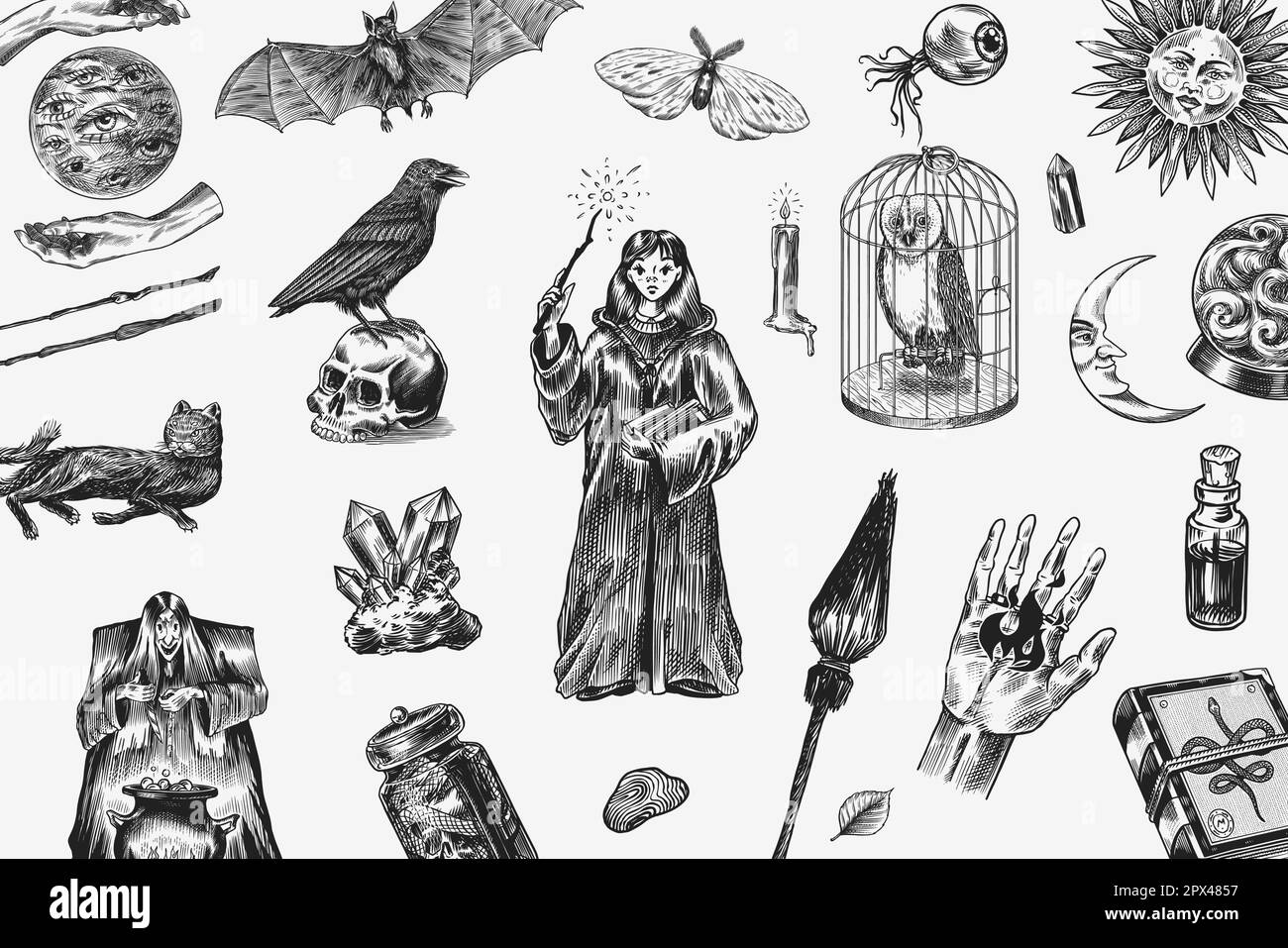 Witch brews a potion in a cauldron. Magic ball, book of spells, black ...