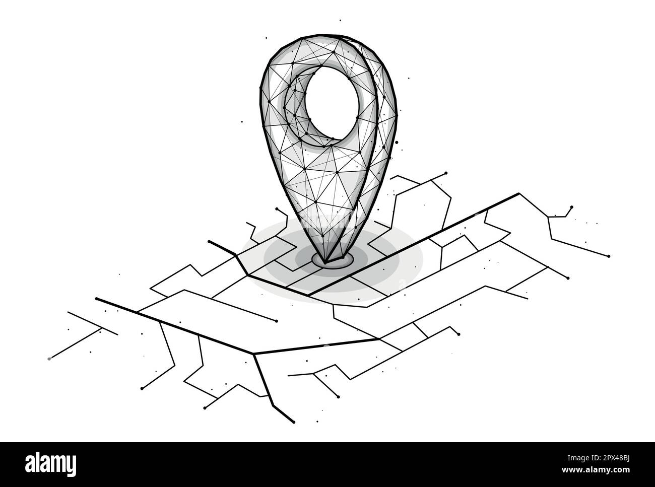 Polygonal vector illustration of city map and location pin on white ...