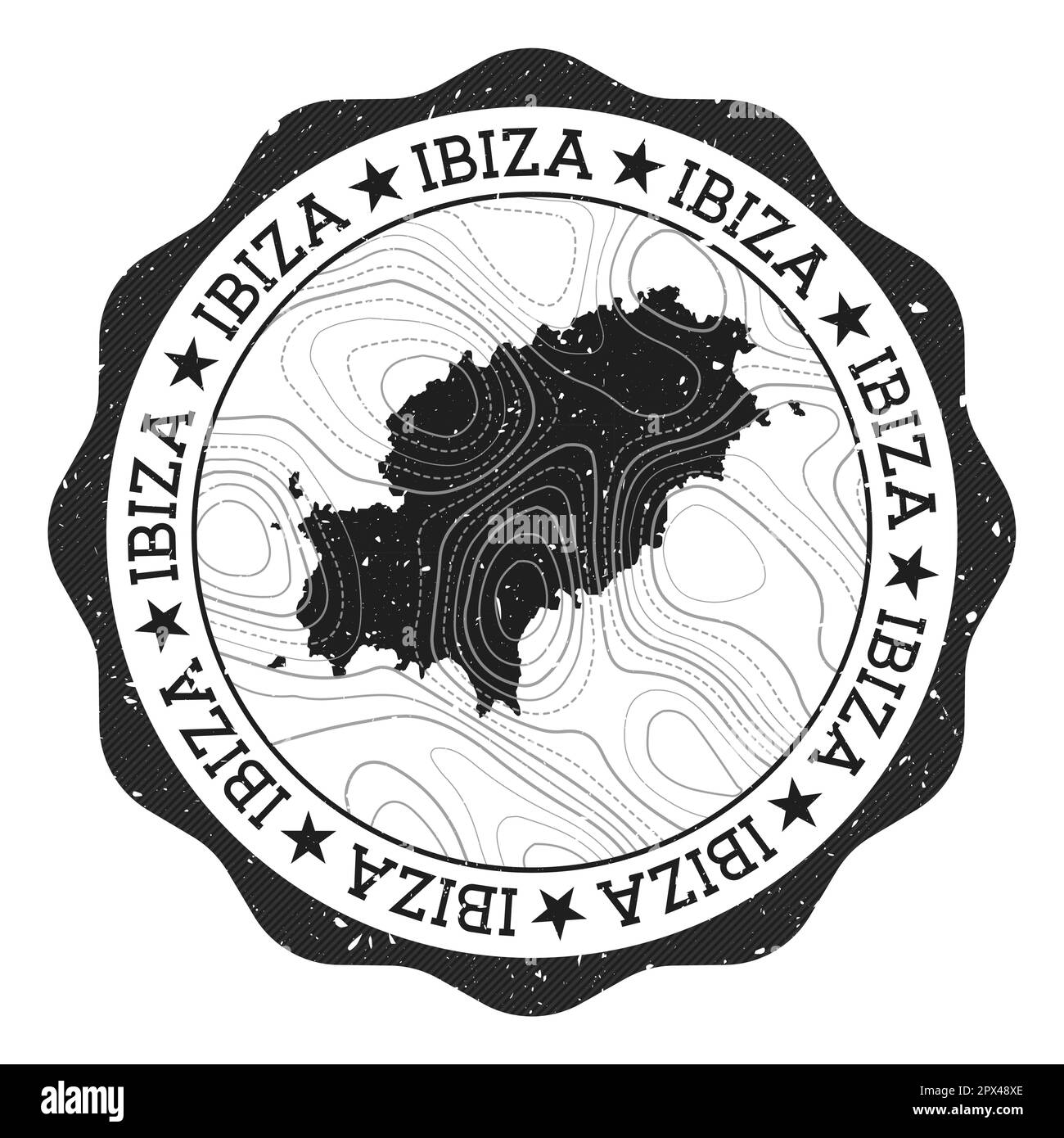 Ibiza outdoor stamp. Round sticker with map of island with topographic ...