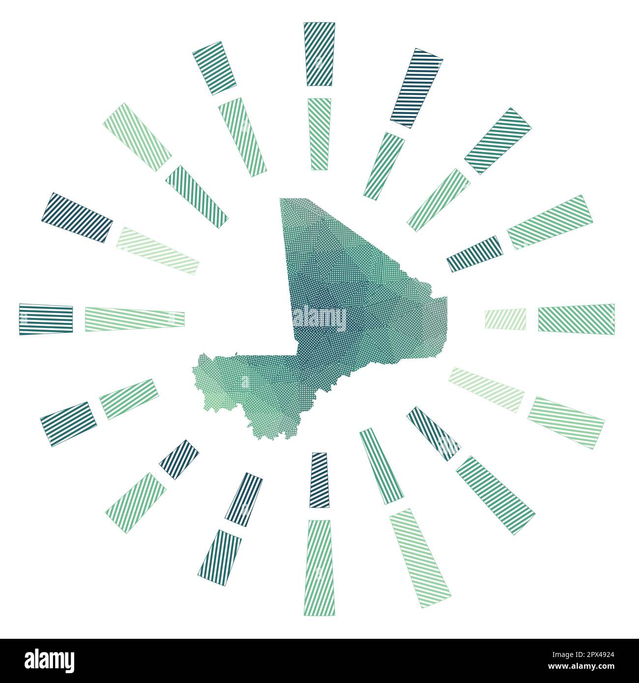 Mali sunburst. Low poly striped rays and map of the country. Superb ...