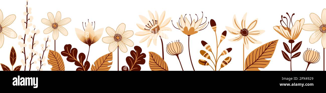 Wild Flowers Orange Seamless Pattern Border Design Stock Vector Image ...