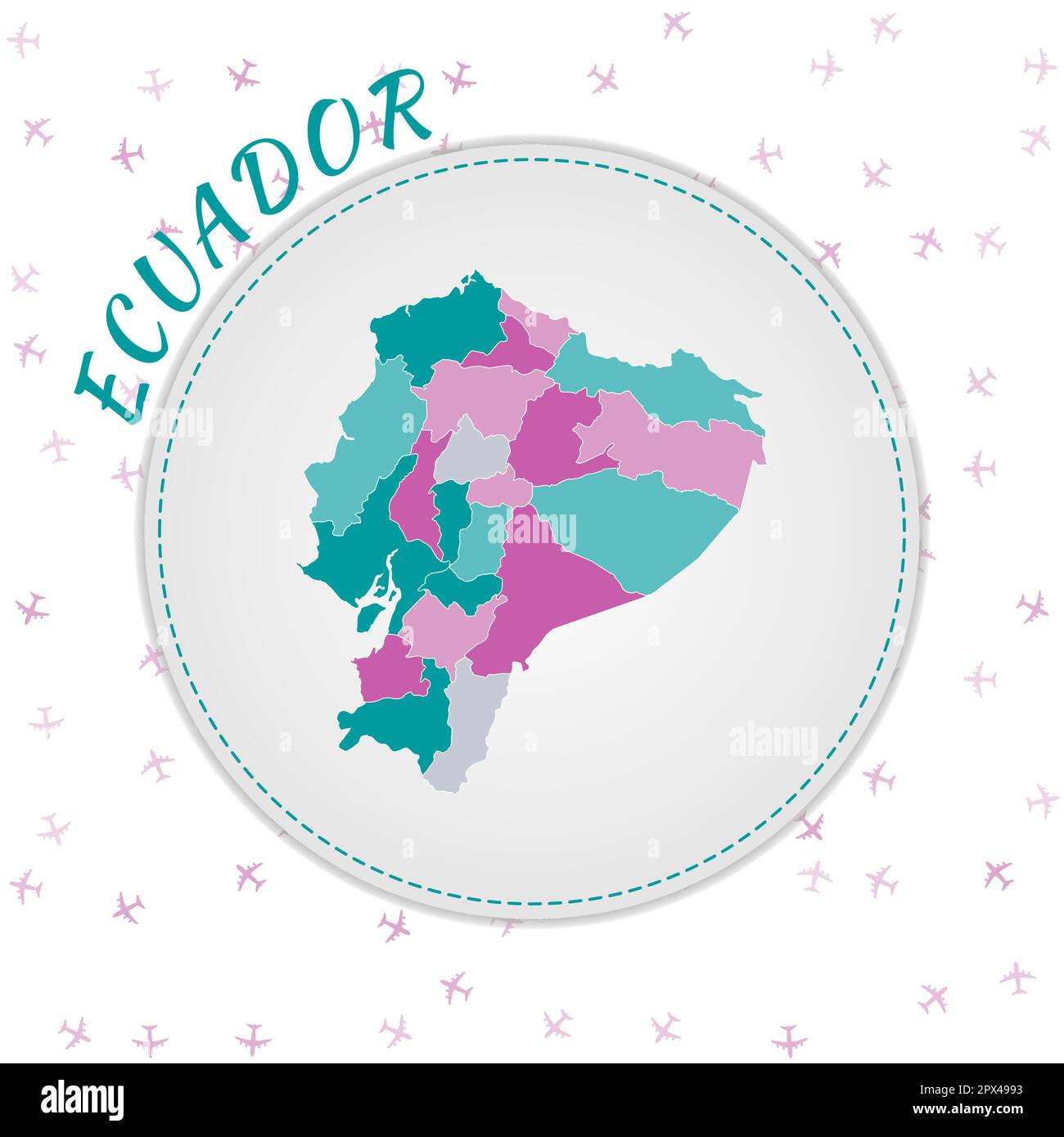 Ecuador map design. Map of the country with regions in emerald-amethyst ...