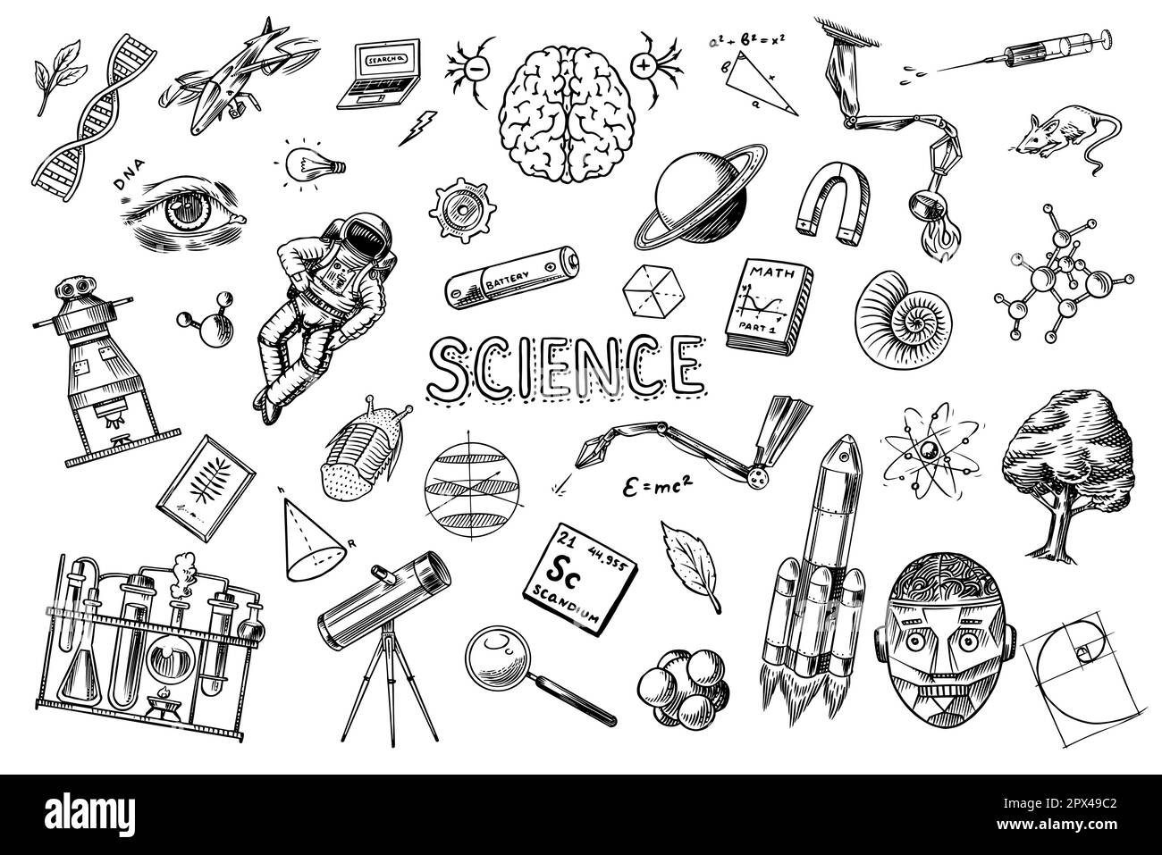 Science banner. Engraved hand drawn in old sketch and vintage style ...
