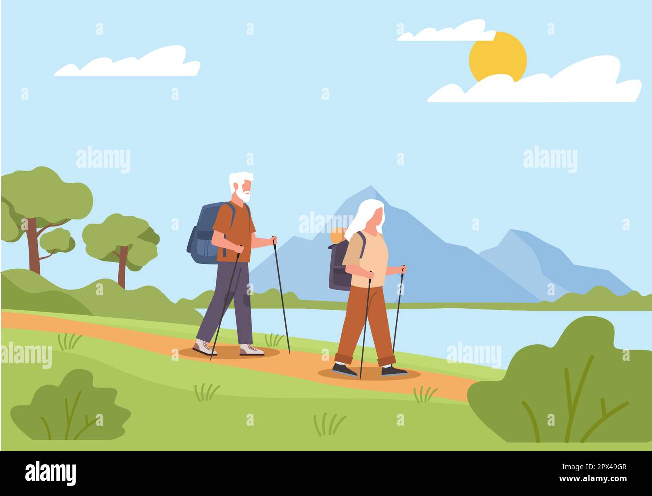 Happy active elderly couple with backpacks traveling hiking trail. Grandmother and grandfather ...