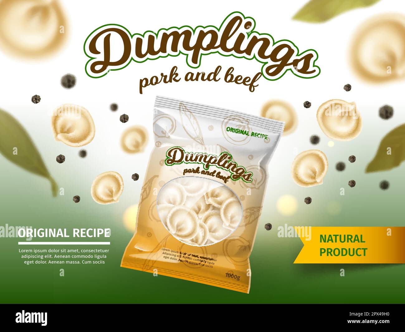 Realistic dumplings poster. Product packaging made of dough with meat ...