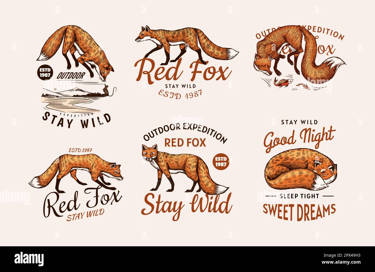 Red fox badges set. Forest ginger wild animal label or logo. Vector ...