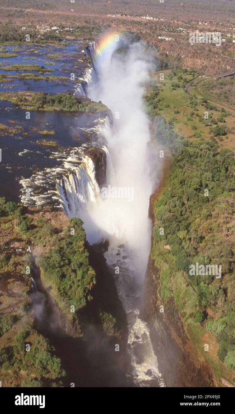 An aerial view of Victoria Falls, showing both the Zimbabwean and ...
