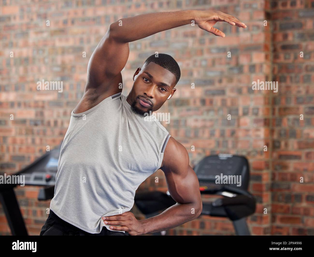 Exercise, black man and stretching for workout, fitness and wellness ...