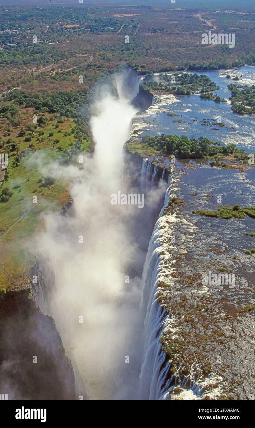 An aerial view of Victoria Falls, showing both the Zimbabwean and ...