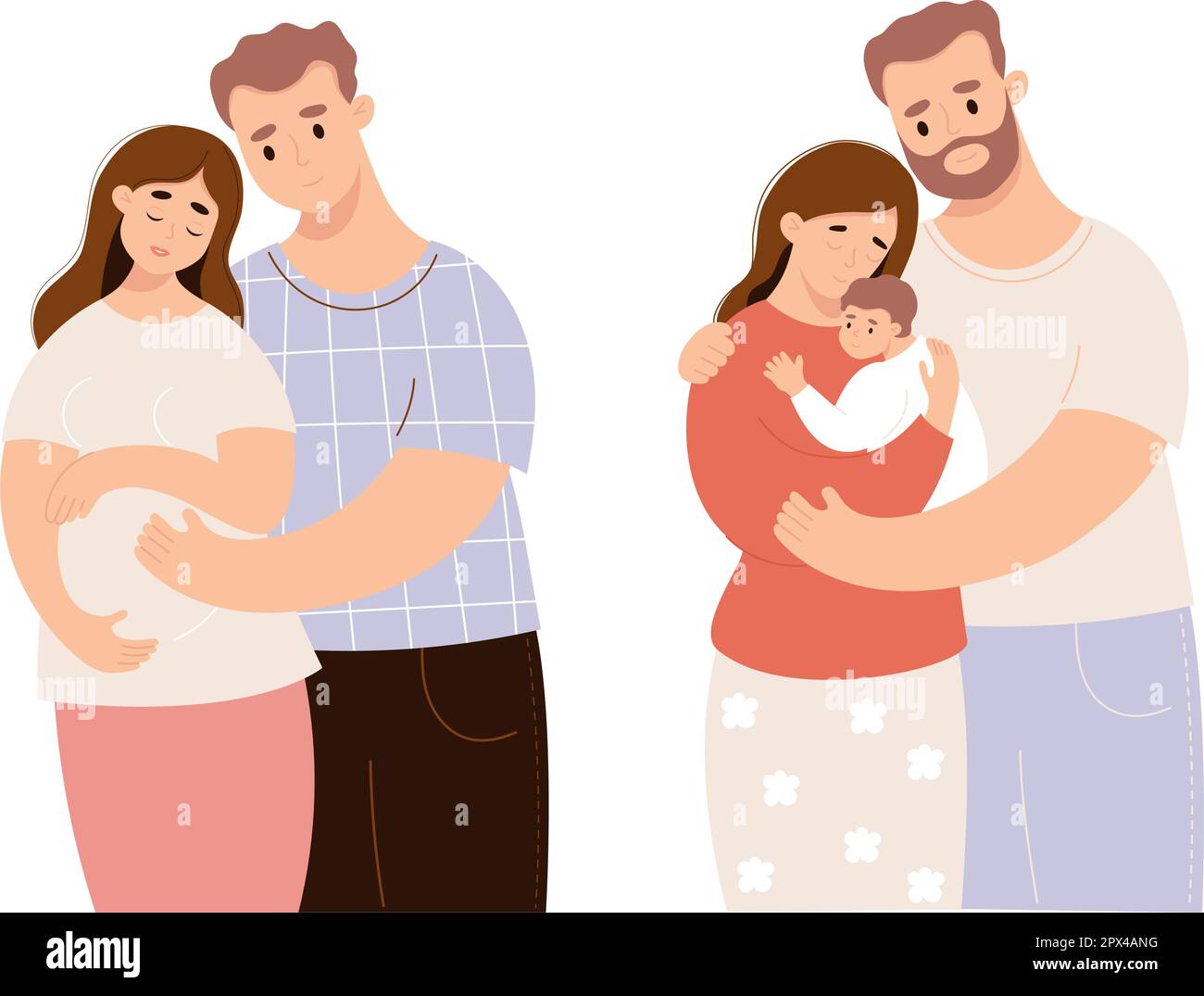 Happy family. Cute couple with pregnant woman and pair with newborn ...