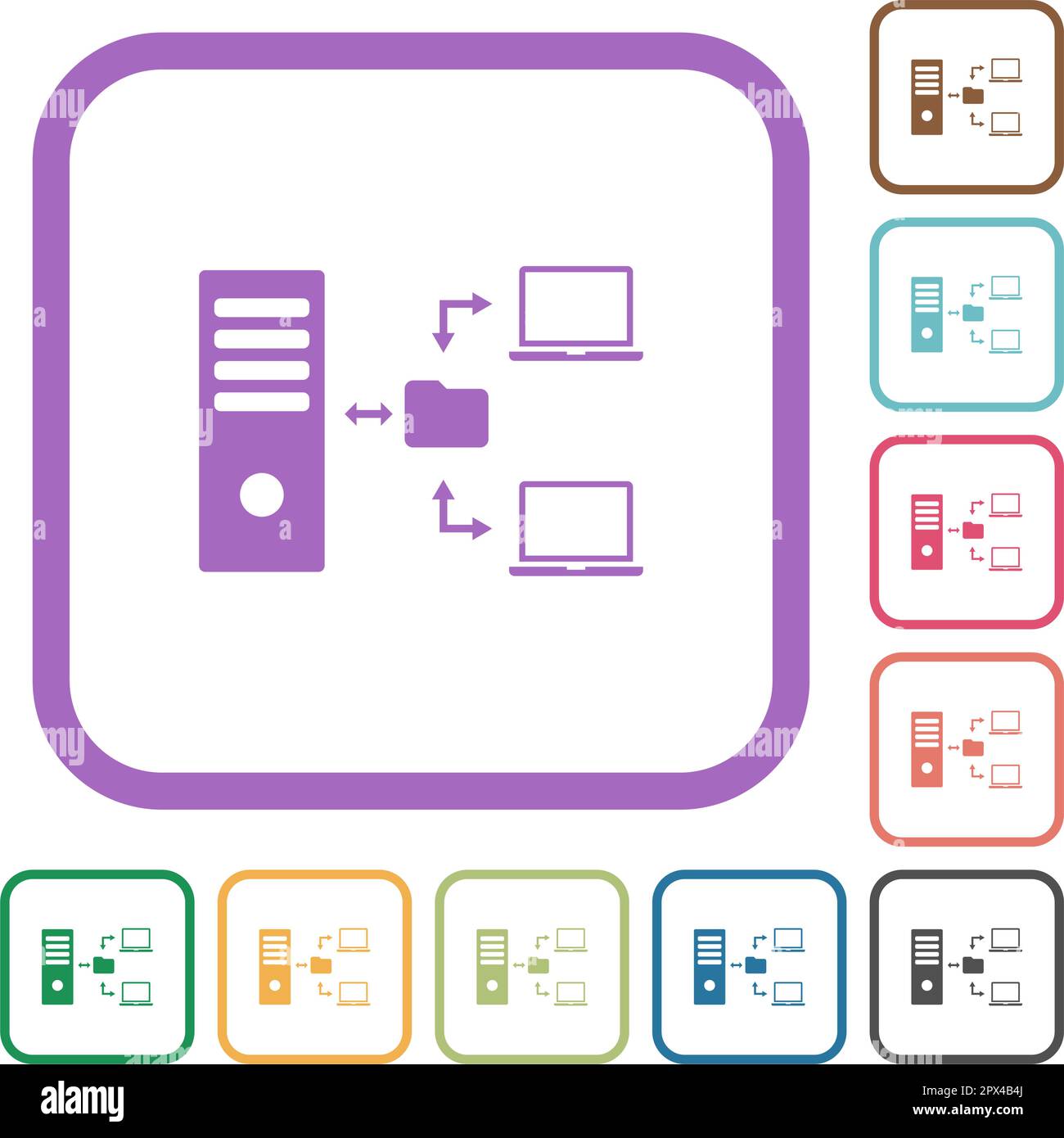 Network file system with server simple icons in color rounded square ...