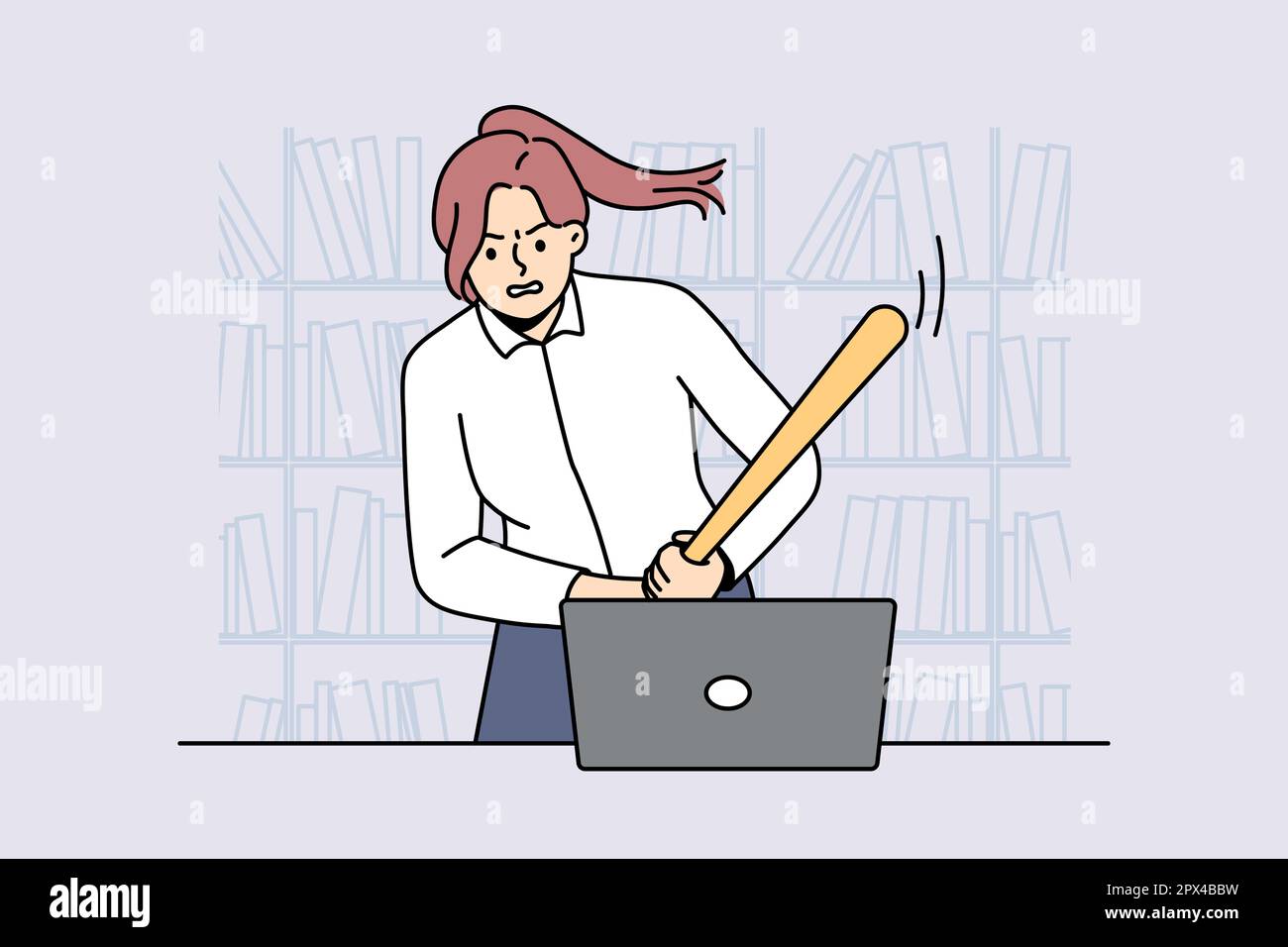 Furious female employee with bat breaking laptop overwhelmed with ...