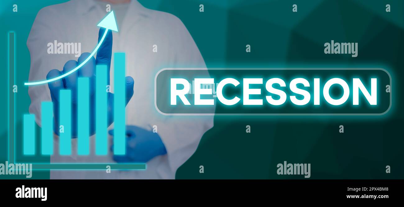 Sign displaying Recession, Word Written on the process of progressive decrease in growing ...