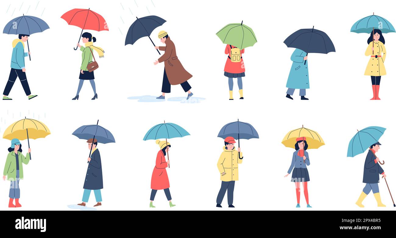 Autumn walking people in raincoats and hold umbrellas. Rainy day walk ...