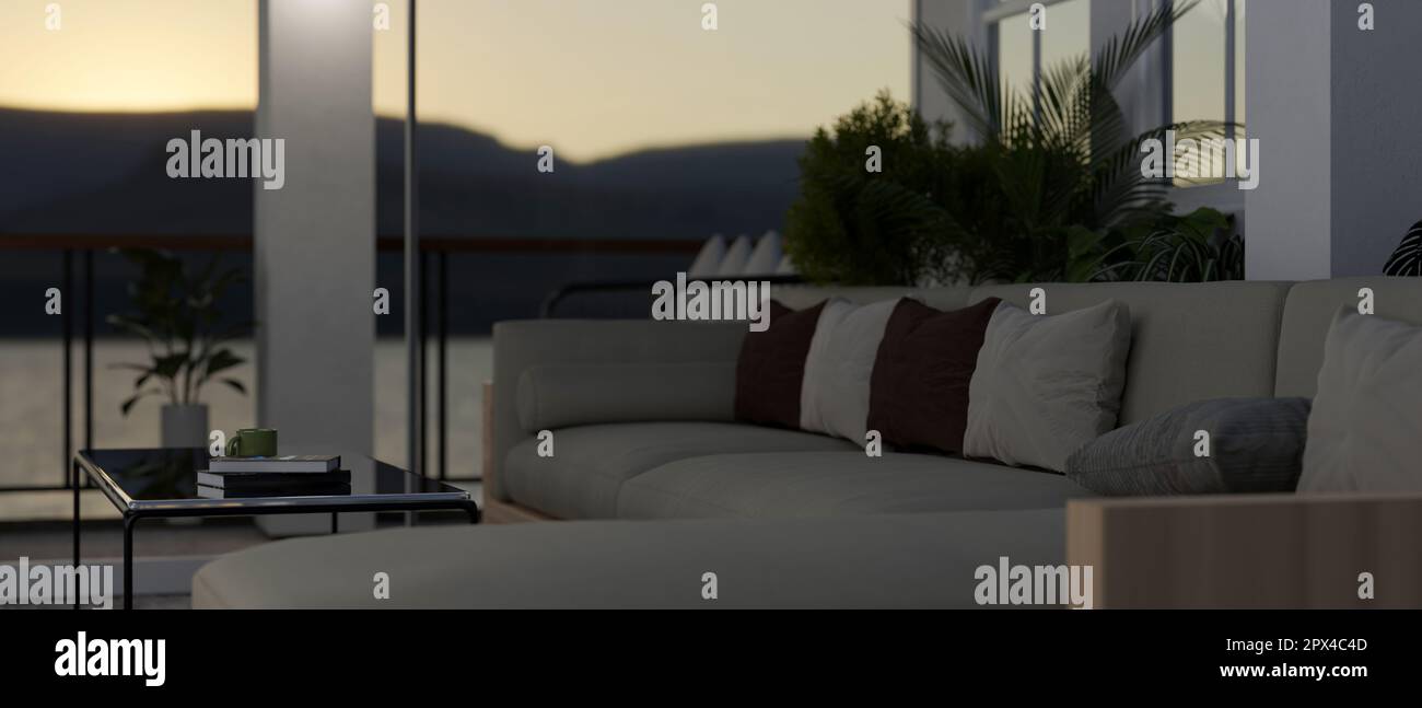 Comfortable and contemporary living room in the evening, cozy couch ...