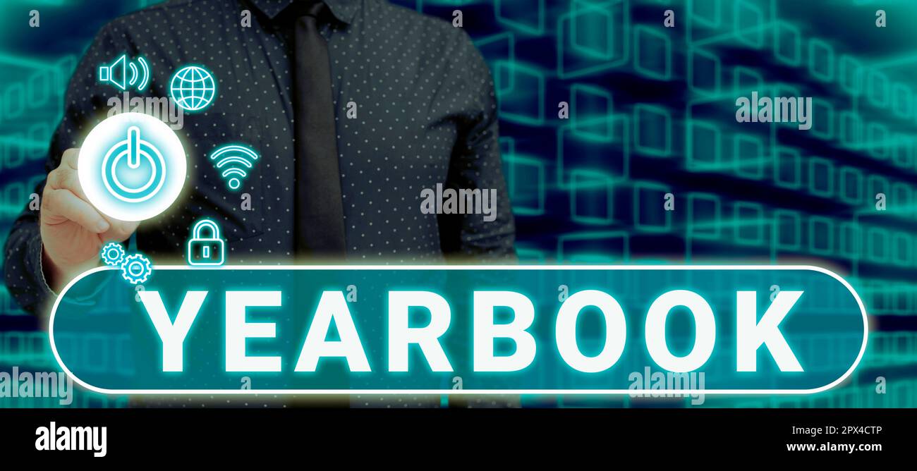 Sign displaying Yearbook, Business showcase publication compiled by ...