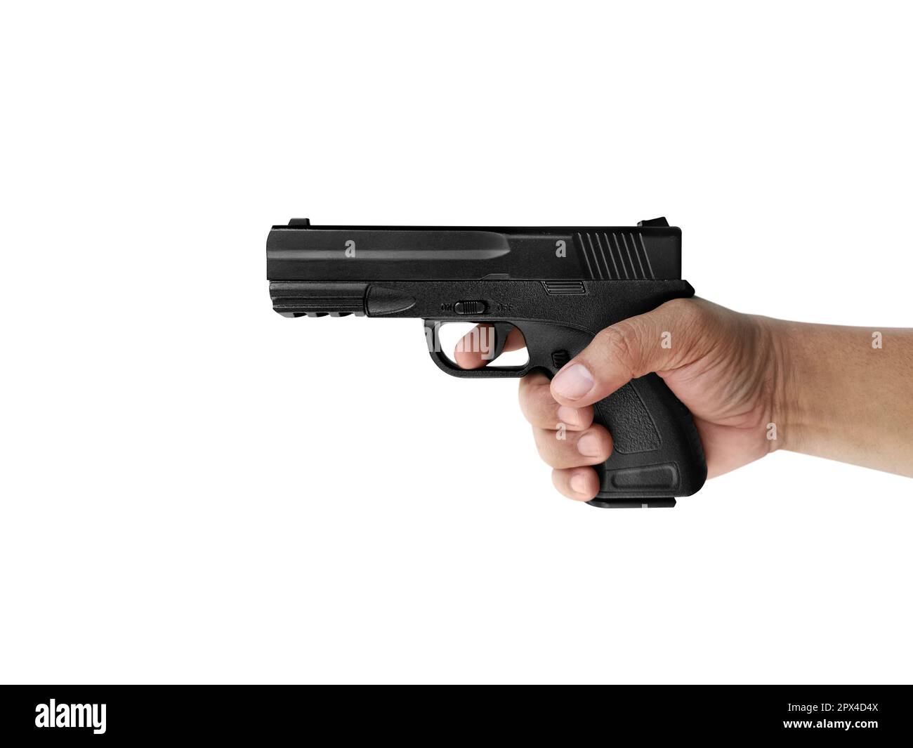 Hands holding gun isolated on white background Stock Photo - Alamy