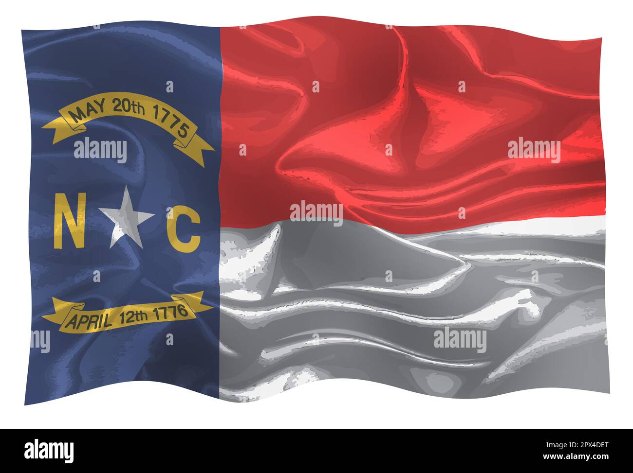The North Carolina State Flag in red white and blue fluttering in the ...