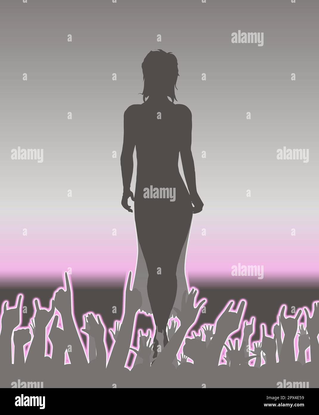 Girl walking down a catwalk to excited audience reaction Stock Photo ...