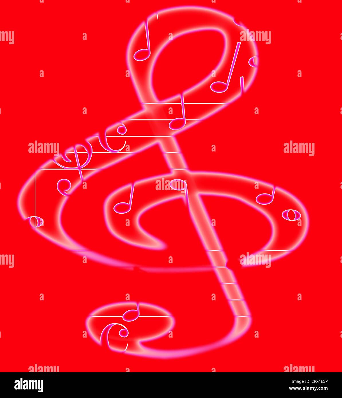 Random notes and a large treble clef over a red background Stock Photo ...