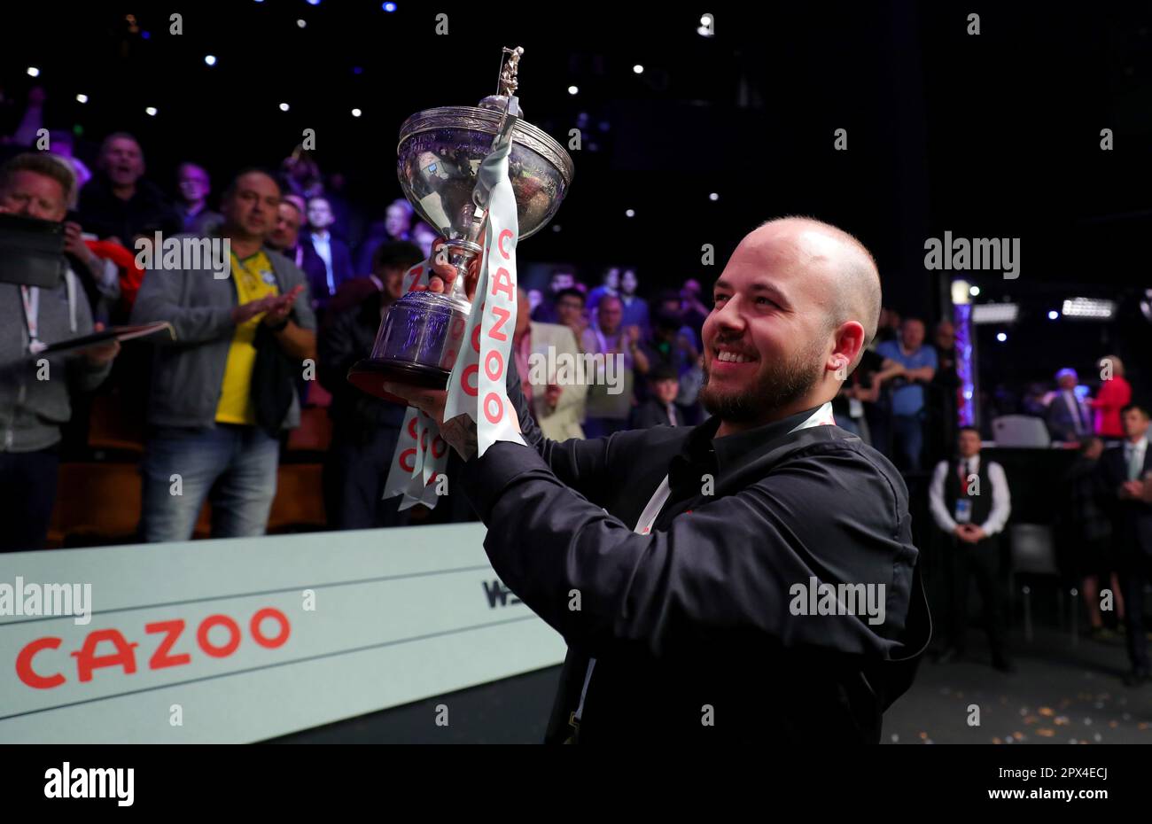 Sheffield, Britain. 1st May, 2023. Luca Brecel of Belgium celebrates ...
