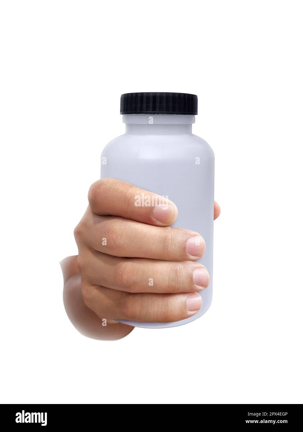 bottle of medicine on hand isolated on a white background Stock Photo ...