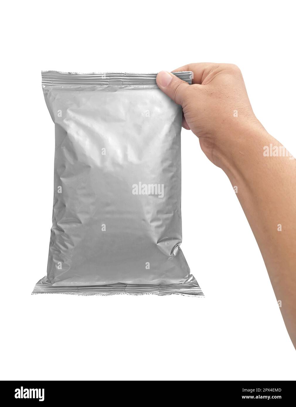 Foil food package mockup in hand on white isolation background Stock ...