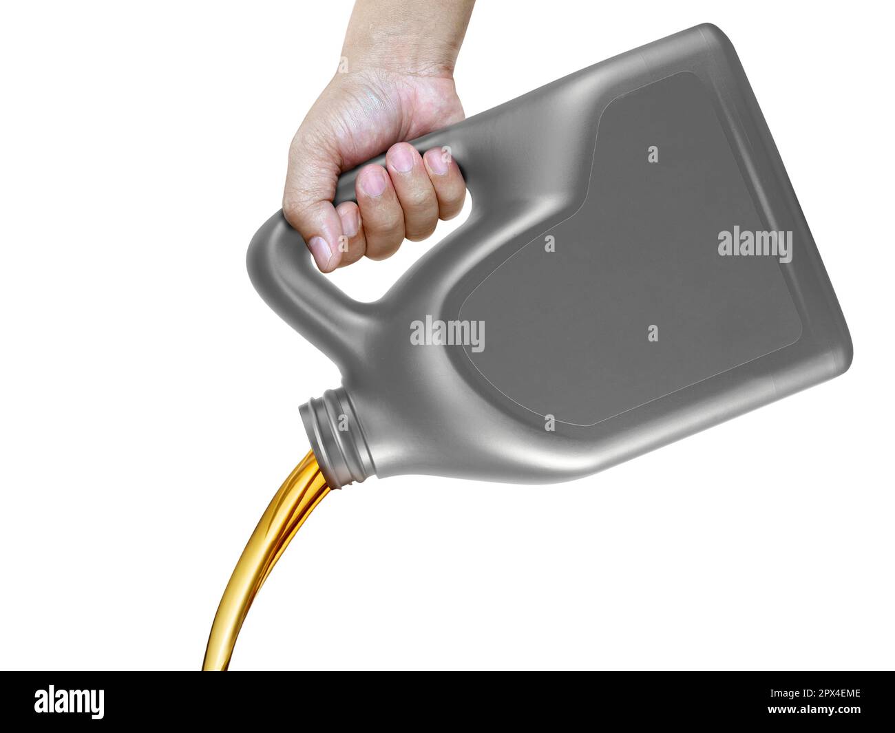 Engine oil pouring from a canister in hand isolated on white background ...
