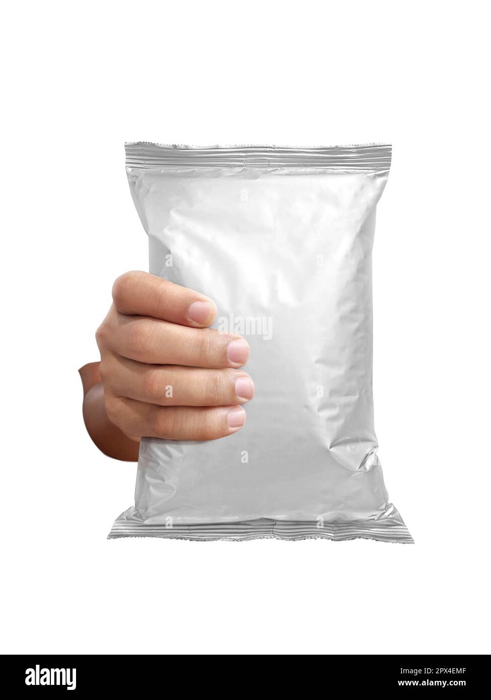 Foil food package mockup in hand on white isolation background Stock ...