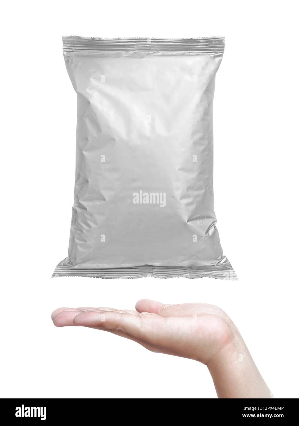 Foil food package mockup in hand on white isolation background Stock ...