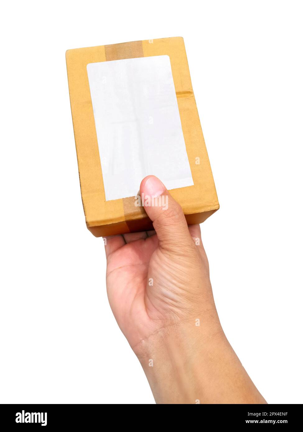 hand holding brown paper box package isolated on white background Stock ...