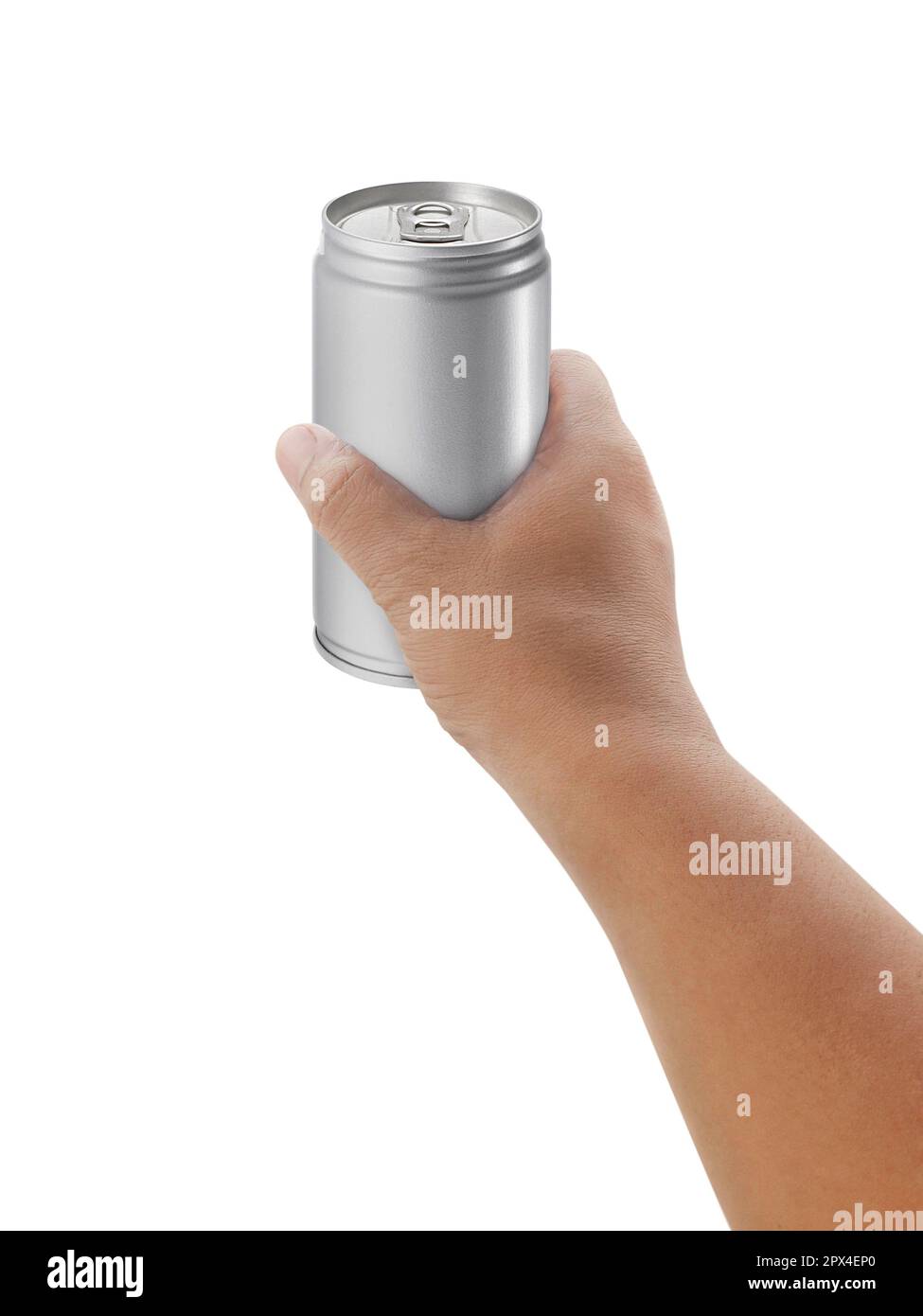 hand holding metal can isolated on white background Stock Photo - Alamy