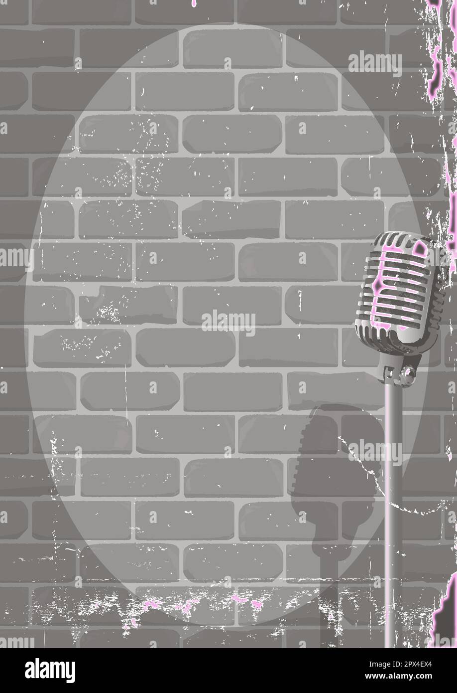 A microphone ready on stage against a grey brick wall with grunge Stock ...