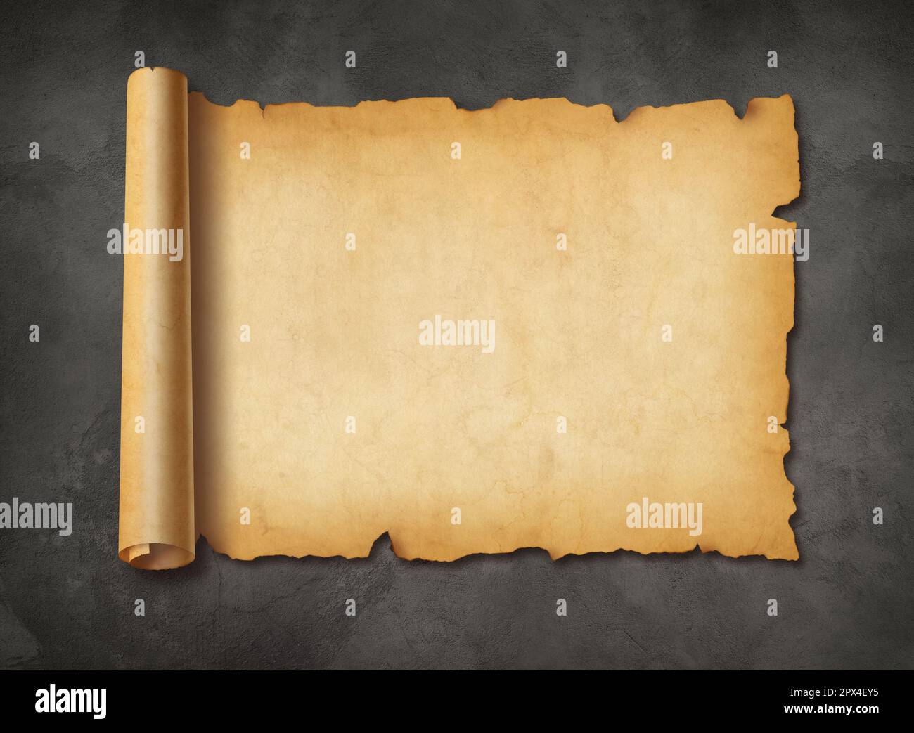 Old mediaeval paper sheet. Horizontal parchment scroll on a concrete ...