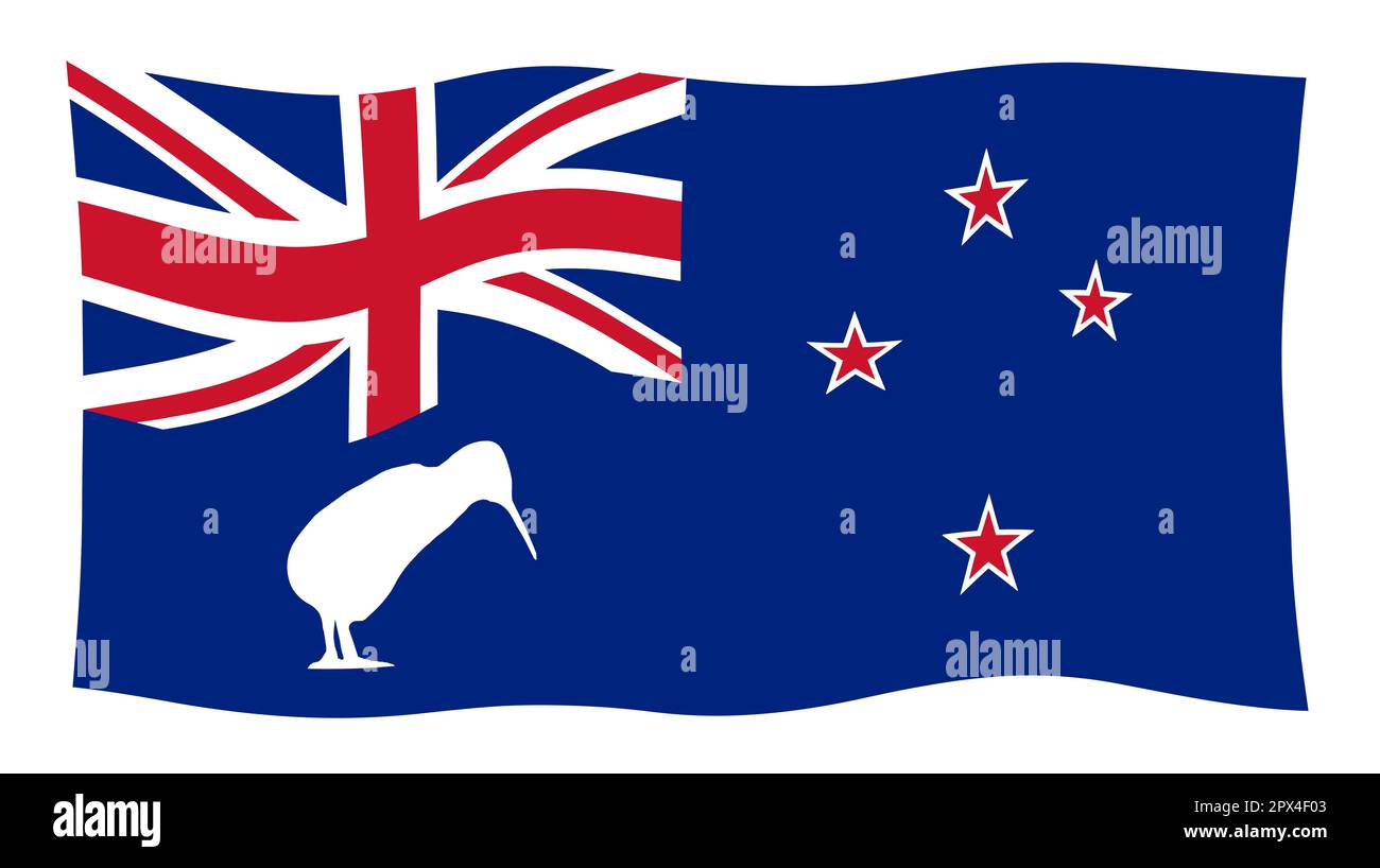 The flag of the country of New Zealand with the emblem of the kiwi ...